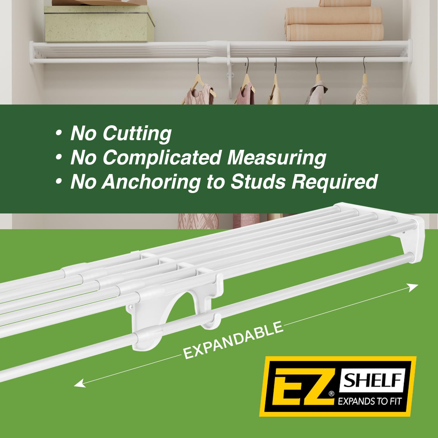 EZ Shelf DIY Expandable Closet Shelf & Rod - 28β - 48β - White - Mounts to 2 Sidewalls (No End Brackets) - Easy to Install-Strong - Wire Shelving Alternative - Rod & Shelf Kit (EZS-SCRW48)