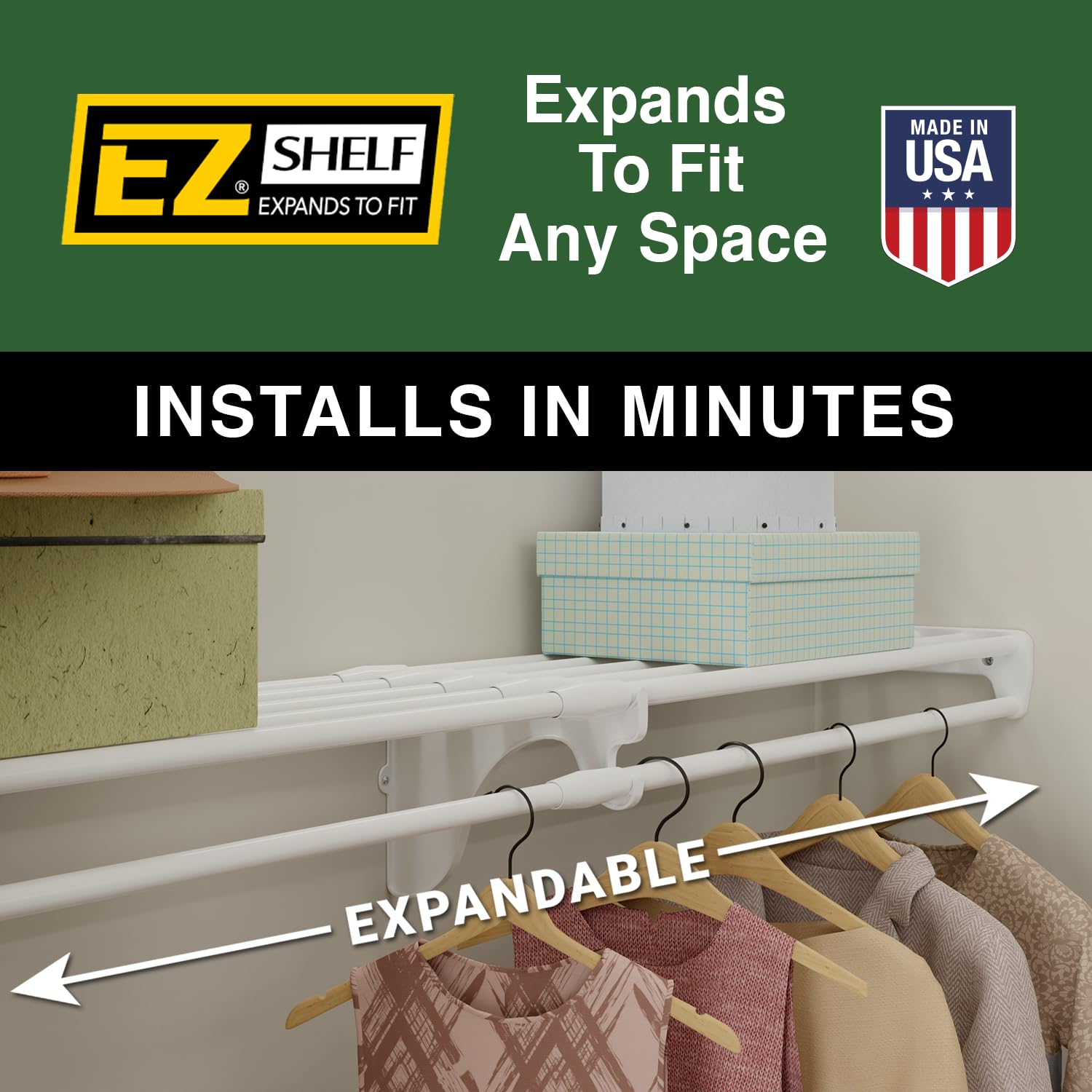EZ Shelf DIY Expandable Closet Shelf & Rod - 28β - 48β - White - Mounts to 2 Sidewalls (No End Brackets) - Easy to Install-Strong - Wire Shelving Alternative - Rod & Shelf Kit (EZS-SCRW48)