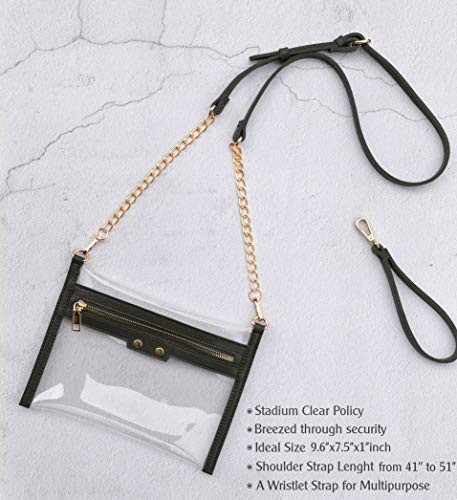 HOXIS Clear Zipper Purse Stadium Approved Women Chain Crossbody Bag Convertible Wristlet Clutch (Black)