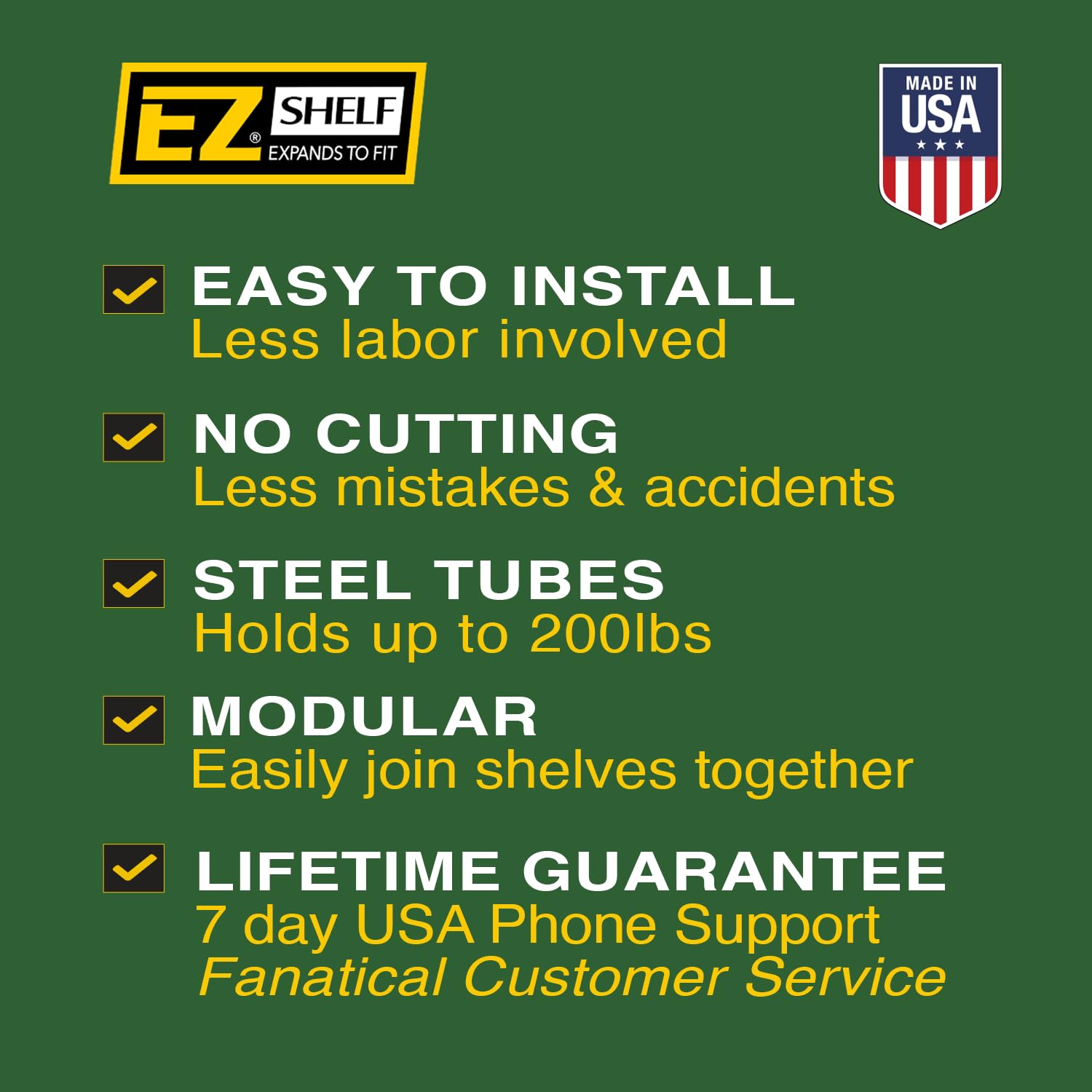 EZ Shelf DIY Expandable Closet Shelf & Rod - 28β - 48β - White - Mounts to 2 Sidewalls (No End Brackets) - Easy to Install-Strong - Wire Shelving Alternative - Rod & Shelf Kit (EZS-SCRW48)