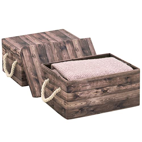 YOUDENOVA Storage Bins with Lids, Closet Storage Bins, Rustic Storage Boxes with Rope Handles, Set of 2