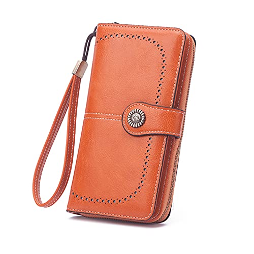 Mokoze Womens PU Leather Wallet Large Capacity Bifold Compact Credit Card Case Purse for Women with ID Window Zipper Pocket Leather Wallets Orange
