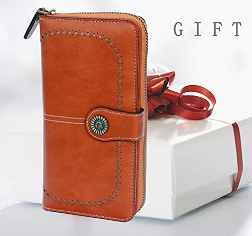 Mokoze Womens PU Leather Wallet Large Capacity Bifold Compact Credit Card Case Purse for Women with ID Window Zipper Pocket Leather Wallets Orange