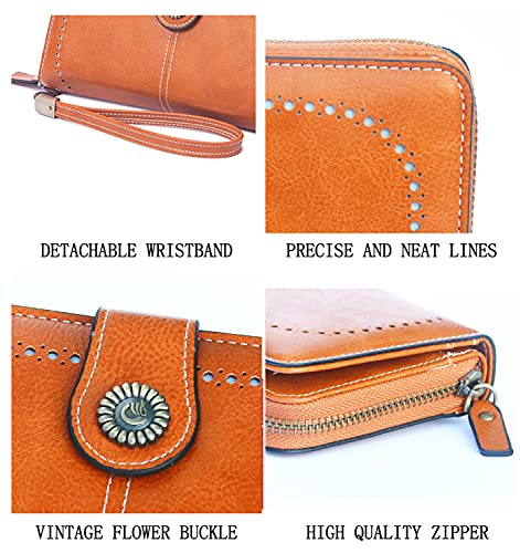 Mokoze Womens PU Leather Wallet Large Capacity Bifold Compact Credit Card Case Purse for Women with ID Window Zipper Pocket Leather Wallets Orange