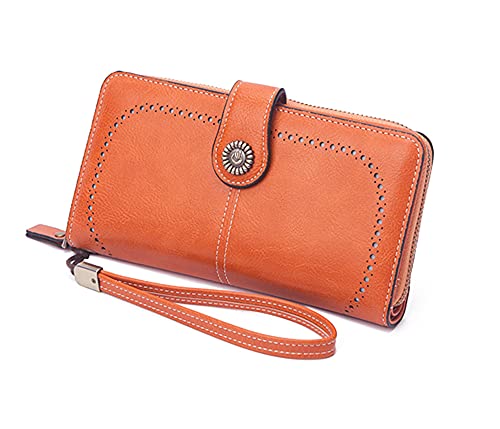 Mokoze Womens PU Leather Wallet Large Capacity Bifold Compact Credit Card Case Purse for Women with ID Window Zipper Pocket Leather Wallets Orange