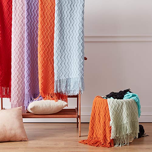 NexHome Throw Blankets for Couch Purple Pink Decorative Knit Blanket with Tassel Fringe Soft Lightweight Zigzag Textured Boho Throws (50"x60" Light Lilac)