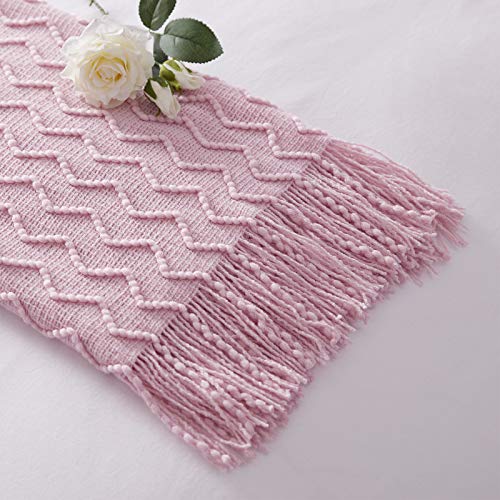 NexHome Throw Blankets for Couch Purple Pink Decorative Knit Blanket with Tassel Fringe Soft Lightweight Zigzag Textured Boho Throws (50"x60" Light Lilac)