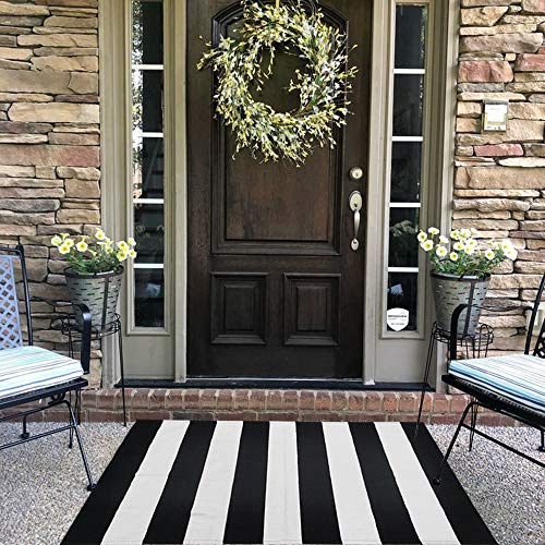 CAINANEL Black and White Striped Outdoor Rug 27.5X 43 inches Front Door Mat Hand-Woven Cotton Indoor/Outdoor for Layered Door Mats,Welcome Door Mat, Front Porch,Farmhouse,Kitchen,Entry Way