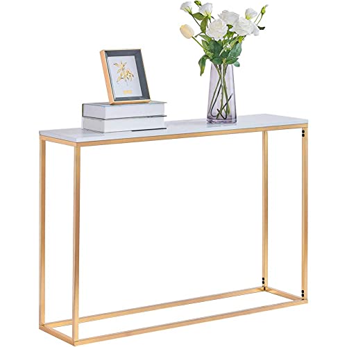 42” Console Tables for Entryway, Faux Marble Sofa Tables, Entryway Table for Living Room, Gold Entrance Table, MDF Entry Table, Foyer Tables w/ Metal Frame, Behind Couch Table for Hallway (Gold Frame)
