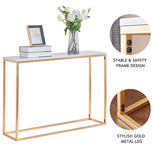 42” Console Tables for Entryway, Faux Marble Sofa Tables, Entryway Table for Living Room, Gold Entrance Table, MDF Entry Table, Foyer Tables w/ Metal Frame, Behind Couch Table for Hallway (Gold Frame)