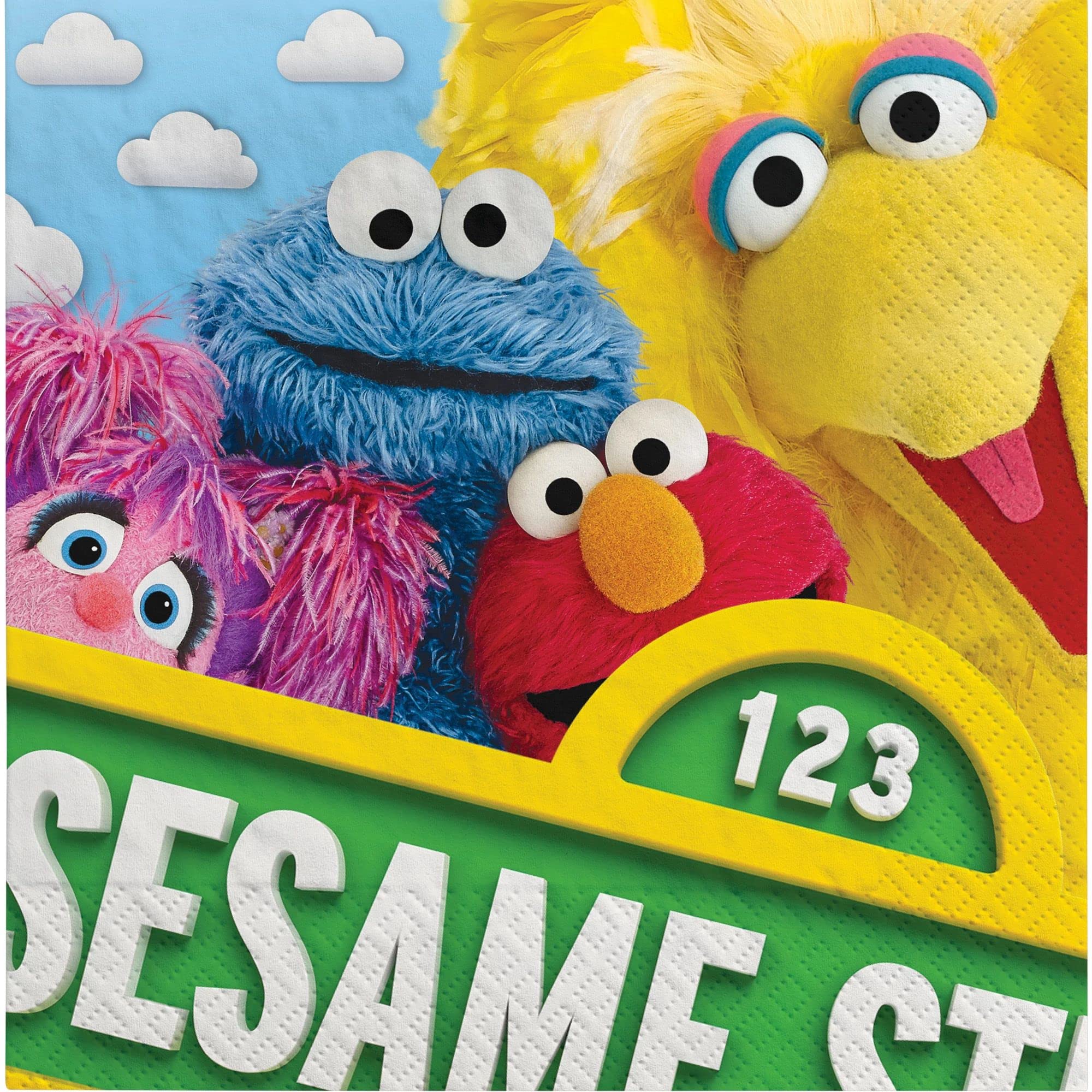 Sesame Street Party Supplies Pack Serves 16-9 Inch Plates and Luncheon Napkins with Birthday Candles - Big Bird | Elmo - Bundle for 16