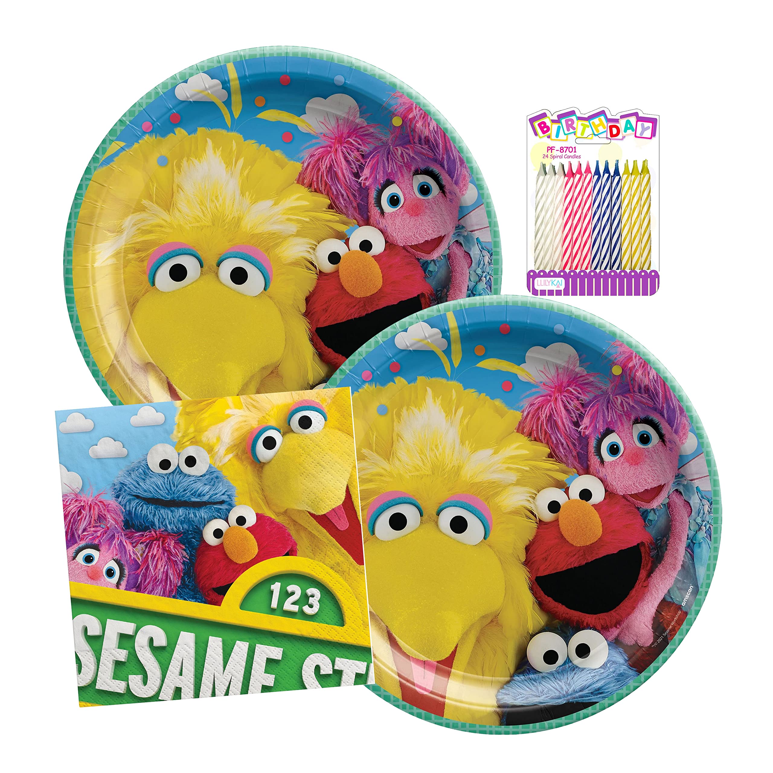 Sesame Street Party Supplies Pack Serves 16-9 Inch Plates and Luncheon Napkins with Birthday Candles - Big Bird | Elmo - Bundle for 16
