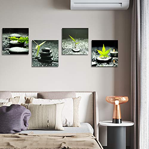 Artscope 4 Pieces Canvas Prints Wall Art - Green Leaf Raindrops and Stones Picture Painting- Modern Wall Artwork Framed for Bathroom Home Office Decor - 12 x 12 Inch