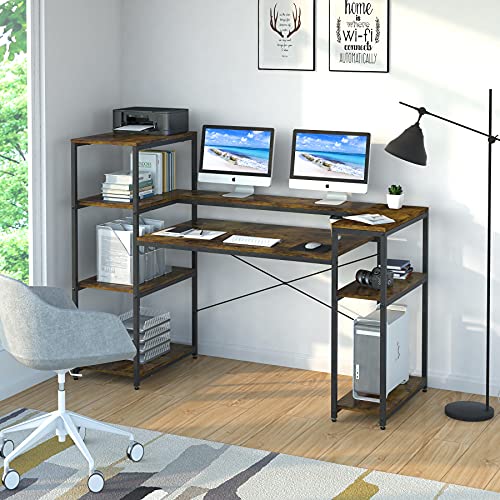 Computer Desk with 4-Tier Storage Shelves, 63 Inches Large Industrial Office Desk with Monitor Shelf and CPU Stand, Study Writing Table Workstation with Printer Stand for Home Office, Rustic Brown