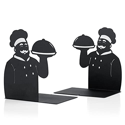 Cookbook Bookends, Sturdy Decorative Book Ends for Kitchen, Heavy Duty Metal Book Stoppers to Hold Recipe Upright on Their Own, Professional Cook Book Decoration (1 Pair of Black Chef)