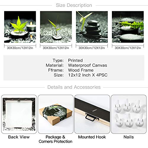 Artscope 4 Pieces Canvas Prints Wall Art - Green Leaf Raindrops and Stones Picture Painting- Modern Wall Artwork Framed for Bathroom Home Office Decor - 12 x 12 Inch