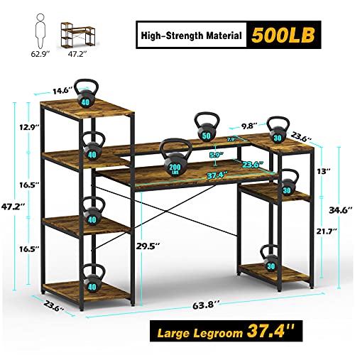 Computer Desk with 4-Tier Storage Shelves, 63 Inches Large Industrial Office Desk with Monitor Shelf and CPU Stand, Study Writing Table Workstation with Printer Stand for Home Office, Rustic Brown