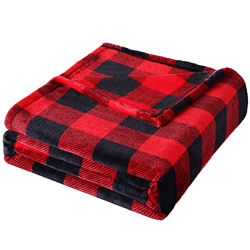 Fomoom Buffalo Plaid Blanket, Buffalo Blanket for Couch Bed Sofa Chair, Soft Cozy Flannel Red Black Check Pattern Decorative Blanket, Lightweight Fuzzy Buffalo Throw Blanket
