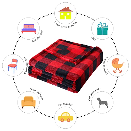 Fomoom Buffalo Plaid Blanket, Buffalo Blanket for Couch Bed Sofa Chair, Soft Cozy Flannel Red Black Check Pattern Decorative Blanket, Lightweight Fuzzy Buffalo Throw Blanket