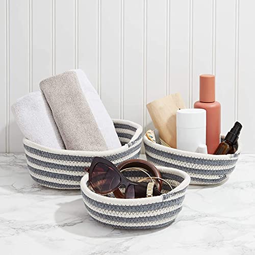 Woven Baskets for Storage, Grey Striped Round Basket (3 Sizes, 3 Pack)