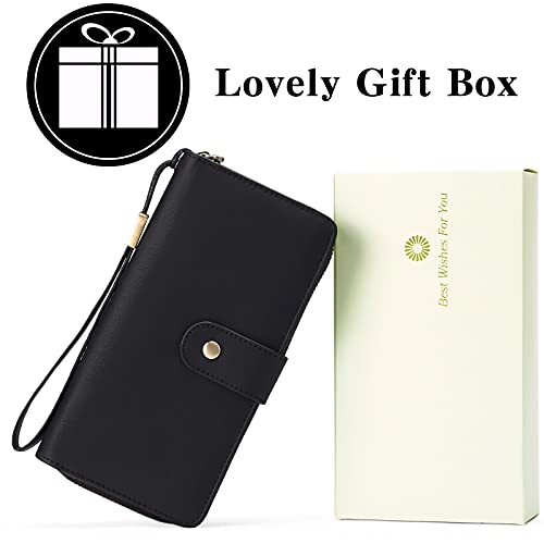 GAEKEAO Womens Wallet RFID Blocking Leather Zip Around Wallet Clutch Wristlet Large Capacity Travel Long Purse