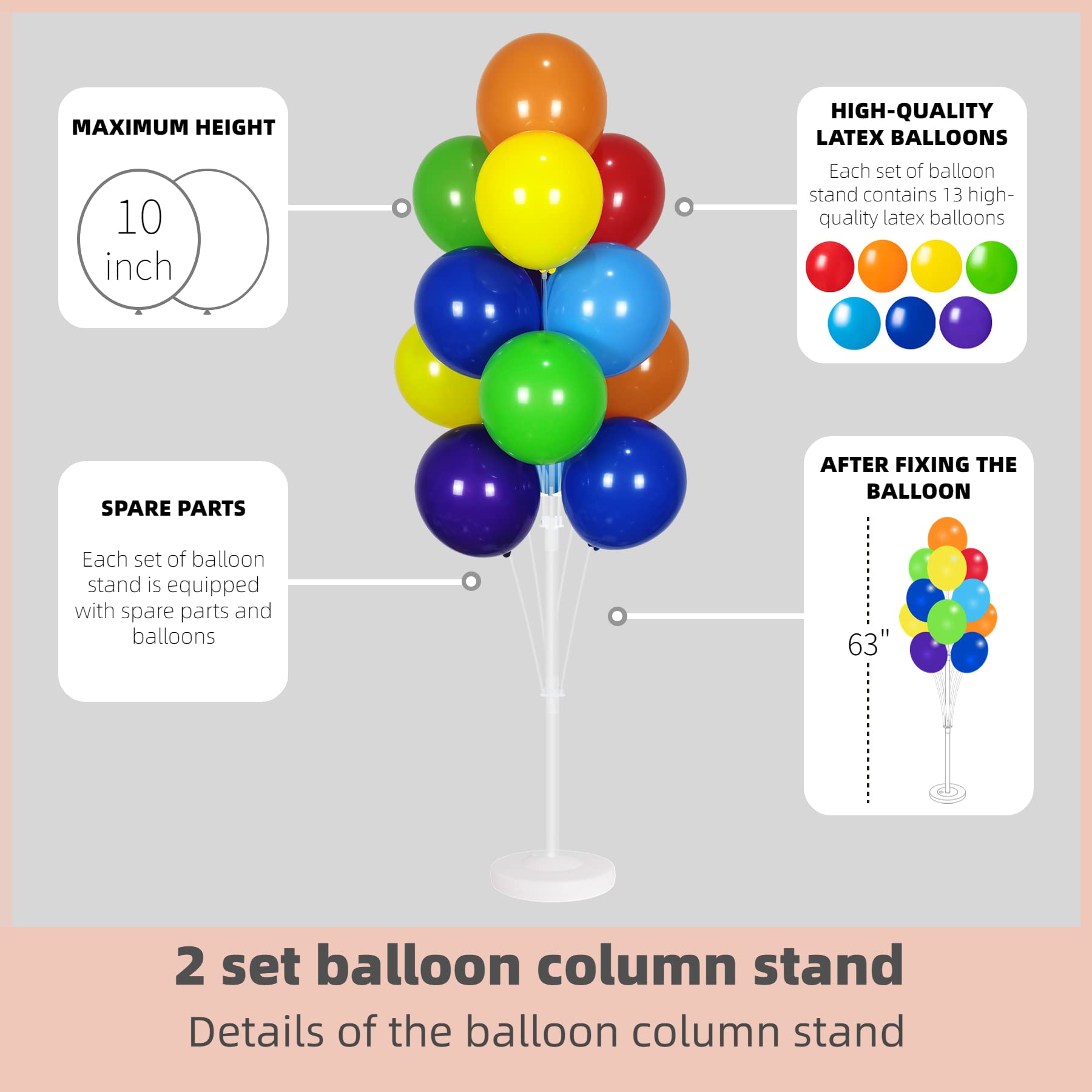Balloon Column Kit Set of 2 With Balloons Included - Balloon Tower with Stand, Base, and Pole,Backdrop Decoration for Wedding, Baby Shower, Birthday Party, or Bachelorette Parties (Rainbow)