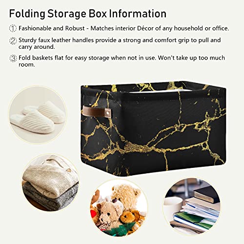TSENQUE Large Canvas Storage Bins, Marble Black Gold Foldable Cloth Storage Baskets, Foldable Toy Clothes Storage Baskets for Pantry 2 Pack