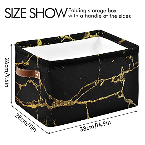 TSENQUE Large Canvas Storage Bins, Marble Black Gold Foldable Cloth Storage Baskets, Foldable Toy Clothes Storage Baskets for Pantry 2 Pack