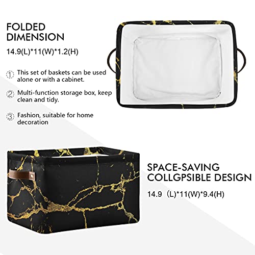 TSENQUE Large Canvas Storage Bins, Marble Black Gold Foldable Cloth Storage Baskets, Foldable Toy Clothes Storage Baskets for Pantry 2 Pack