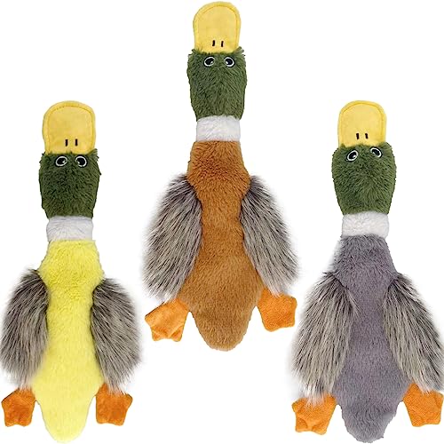 AIMETING No Stuffing Toys 3 Pack, Squeaky Dog Toys for Large Dogs, Plush Toys for Aggressive Chewers, Indestructible Crinkle Paper Duck Dog Toy, Puppy Chew Toys for Teething (Soft Plush)