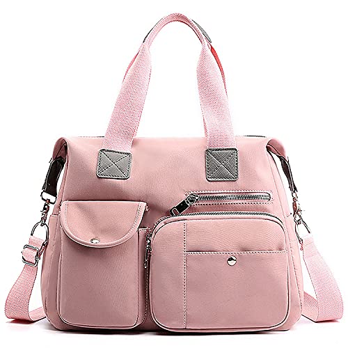Women Utility Tote Bag Waterproof Nylon Multi Pocket Shoulder Bags Work Bag Teacher Purses and Handbags for Nurses (Baby Pink)