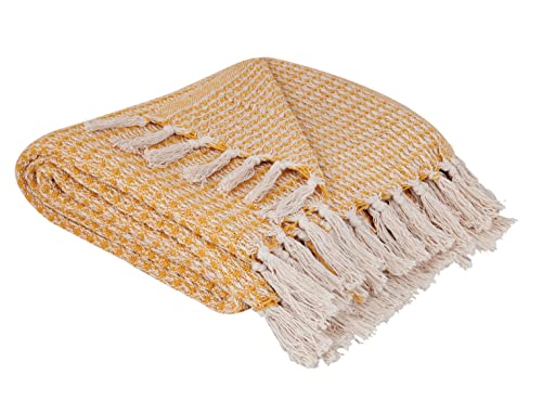 Yellow Cotton Throw Blanket - Waffle Weave Throw Blanket 60βx48β - Farmhouse Throw Blanket - Throw Blanket for Couch Sofa Chair Bed - Blanket for all Seasons - Yellow Decorative Blanket with Fringe