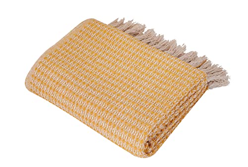 Yellow Cotton Throw Blanket - Waffle Weave Throw Blanket 60βx48β - Farmhouse Throw Blanket - Throw Blanket for Couch Sofa Chair Bed - Blanket for all Seasons - Yellow Decorative Blanket with Fringe