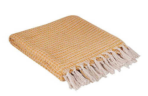 Yellow Cotton Throw Blanket - Waffle Weave Throw Blanket 60βx48β - Farmhouse Throw Blanket - Throw Blanket for Couch Sofa Chair Bed - Blanket for all Seasons - Yellow Decorative Blanket with Fringe
