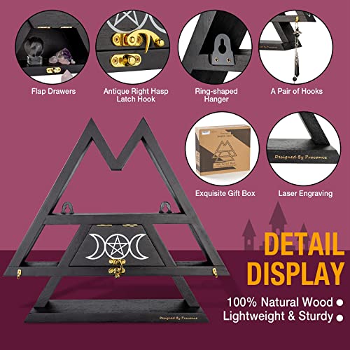 Pracaniz Crystal Shelf with Flap Drawer&Hooks for Wall&Desktop, Moon Shelf for Crystal Holder as Witchy Room Decor,Moon Phase Triangle Shelf,Witchy Decor&Moon Decor for Bedroom.