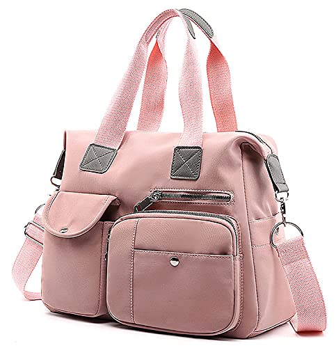 Women Utility Tote Bag Waterproof Nylon Multi Pocket Shoulder Bags Work Bag Teacher Purses and Handbags for Nurses (Baby Pink)