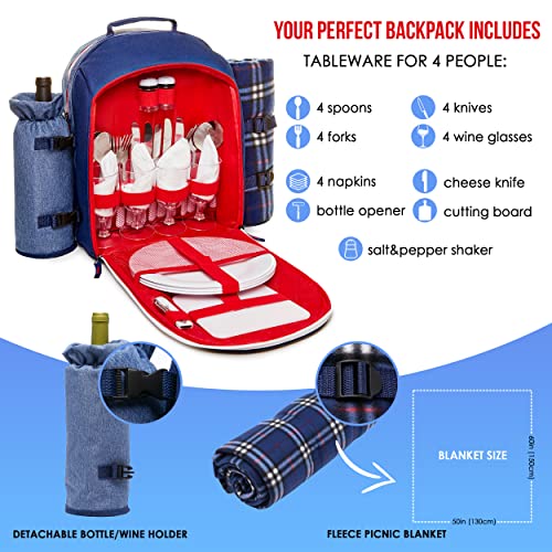 Frolk Picnic Backpack Set for 4 - Picnic Basket Backpack Kit with 4 Cutlery Sets, Cooler Compartment, Wine Holder, Picnic Blanket, 3 Food Storage Containers - Picnic Gift for Men and Women