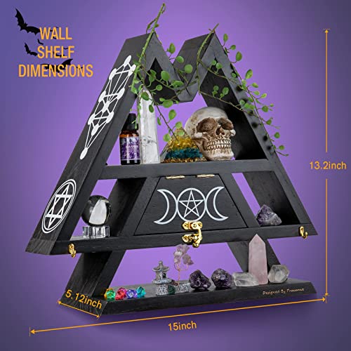 Pracaniz Crystal Shelf with Flap Drawer&Hooks for Wall&Desktop, Moon Shelf for Crystal Holder as Witchy Room Decor,Moon Phase Triangle Shelf,Witchy Decor&Moon Decor for Bedroom.