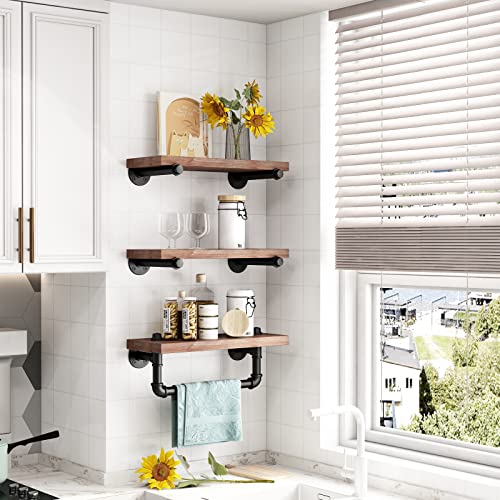 BOSURU Industrial Iron Pipe Shelves Wall Mount Wood Floating Shelf Rustic DIY Storage Shelving with Towel Rack for Bathroom,Living Room,Bedroom(Black,3-Tier)