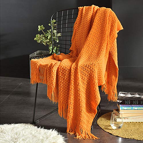 JUDYBRIDAL Knitted Throw Blanket Couch Cover Blanket Textured Solid Decorative Blanket with Tassel for Sofa Bed Travel,50 x 60, Orange