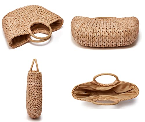 Womens Large Straw Bags Beach Tote Bag Hobo Summer Handwoven Bags Purse With Pom Poms (C-Khaki)