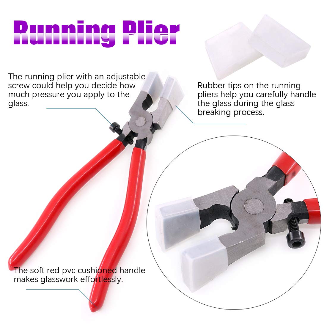 Swpeet 3Pcs Heavy Duty Glass Running Pliers, Breaker Grozer Pliers and Grip Oil Feed Glass Cutter Kit, Professional Stained Glass Cutting Tool with Extra Rubber Tips Perfect for Stained Glass Work
