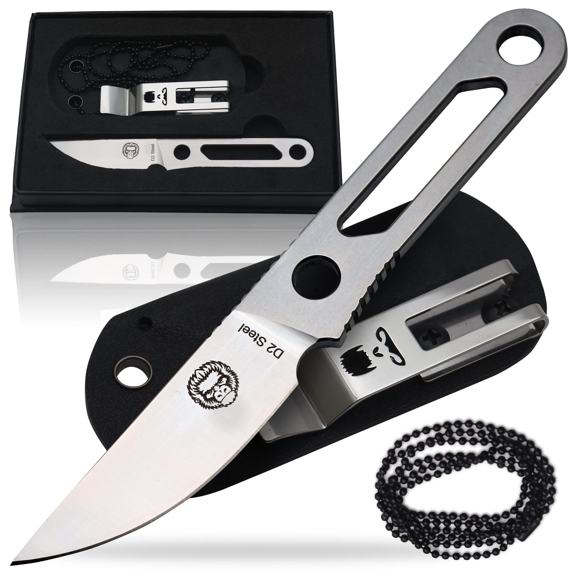 Neck Knife | Fixed Blade Utility Knife D2 W Sheath | Belt Clip Bushcraft Outdoor Knife |Full Tang Tactical Survival Knife Kit (Silver)
