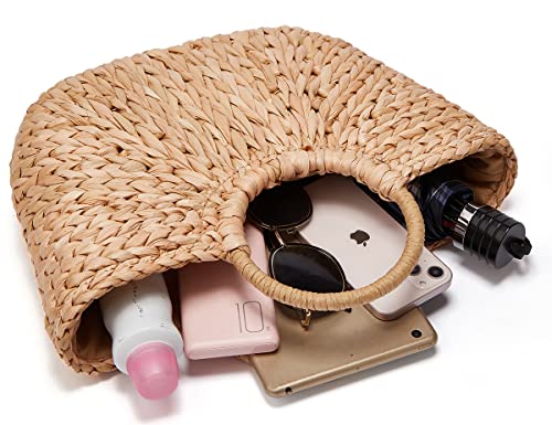 Womens Large Straw Bags Beach Tote Bag Hobo Summer Handwoven Bags Purse With Pom Poms (C-Khaki)