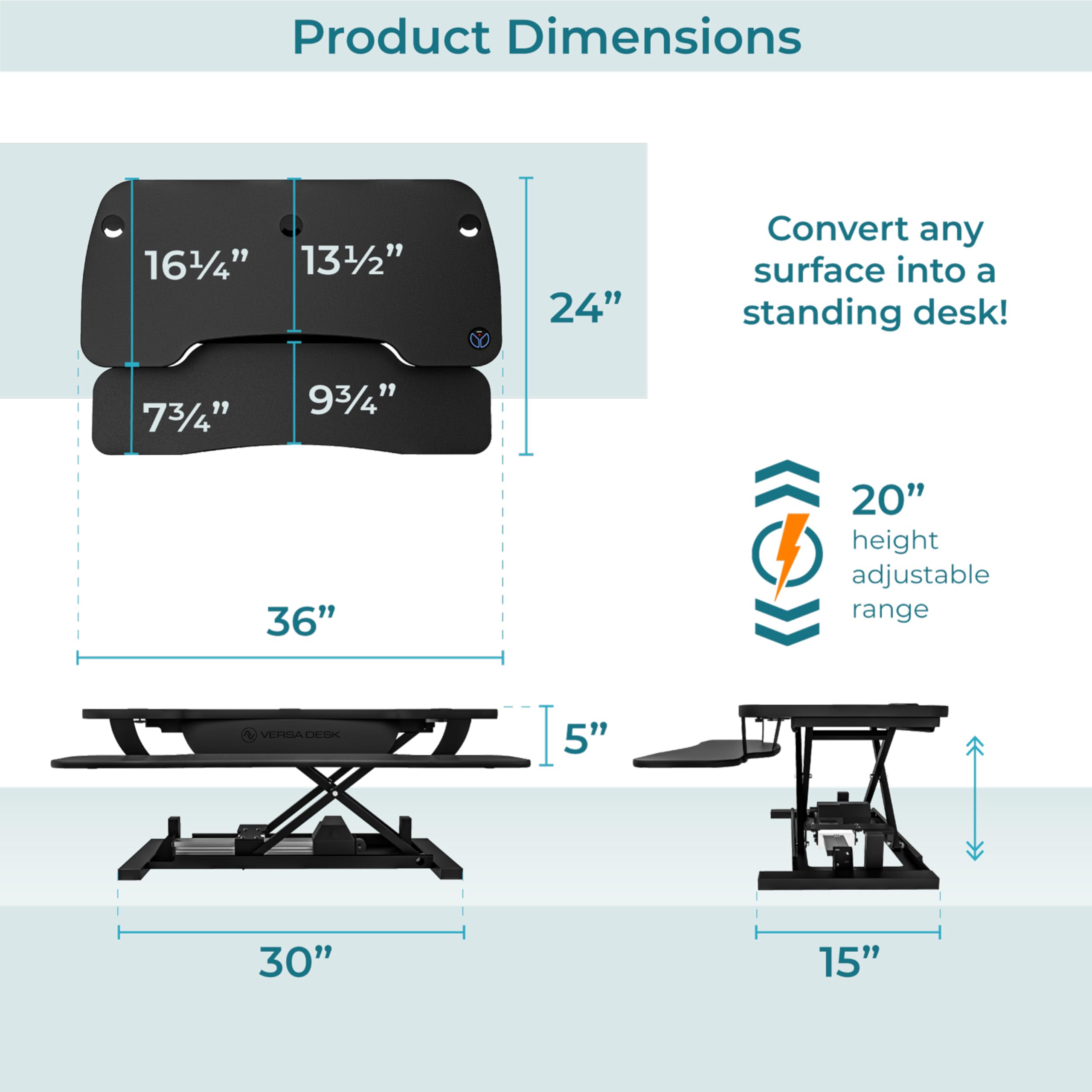 VERSADESK 36 Inch Standing Desk Converter, PowerPro Electric Height Adjustable Desk Riser for Standing or Sitting, with Keyboard Tray, Built-in USB Charging Port, Holds 80 lbs, Black