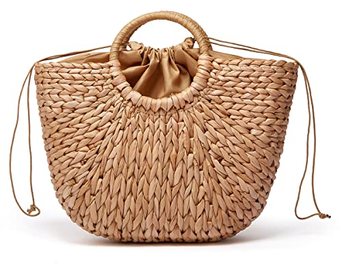 Womens Large Straw Bags Beach Tote Bag Hobo Summer Handwoven Bags Purse With Pom Poms (C-Khaki)