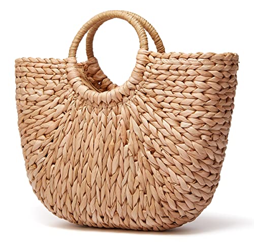 Womens Large Straw Bags Beach Tote Bag Hobo Summer Handwoven Bags Purse With Pom Poms (C-Khaki)
