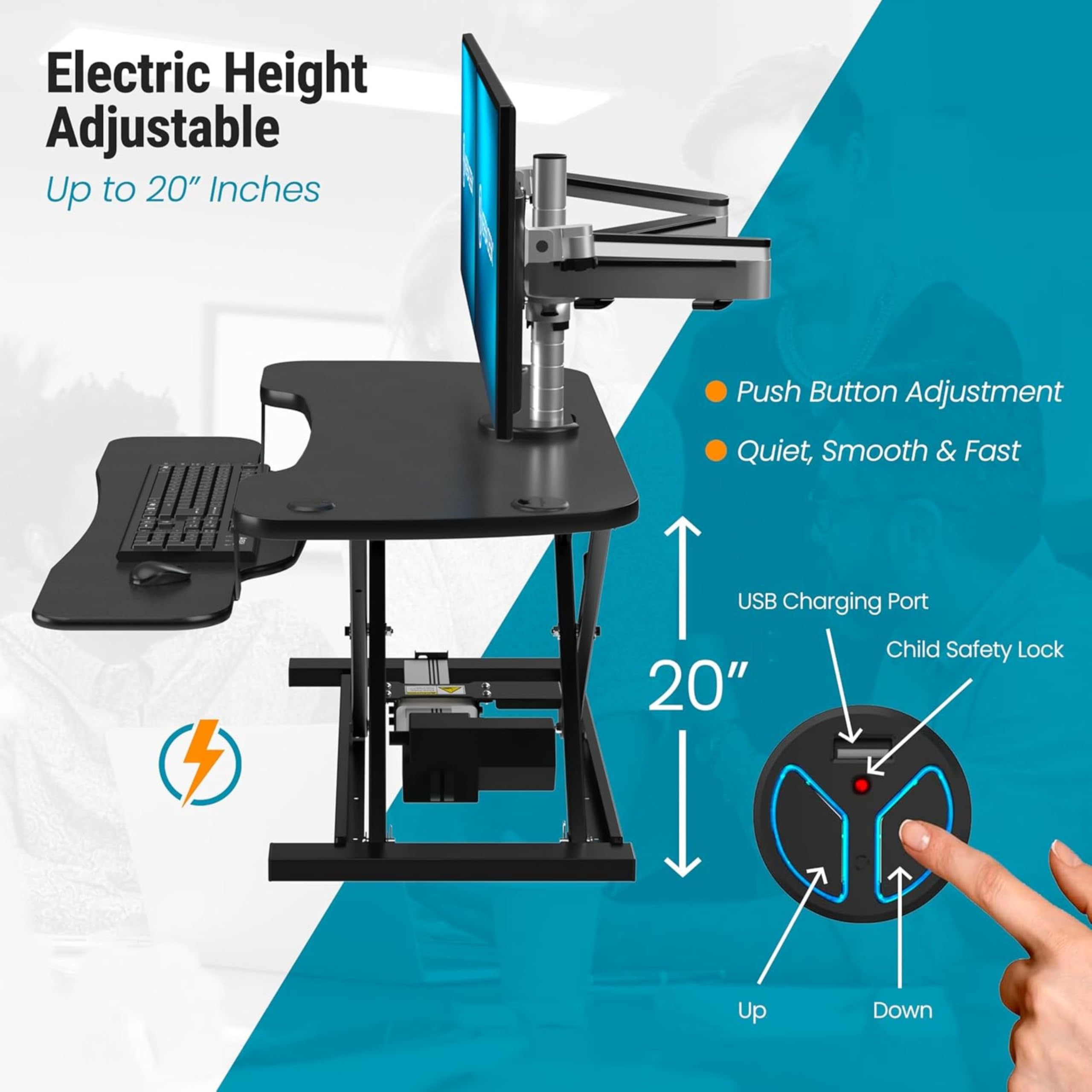 VERSADESK 36 Inch Standing Desk Converter, PowerPro Electric Height Adjustable Desk Riser for Standing or Sitting, with Keyboard Tray, Built-in USB Charging Port, Holds 80 lbs, Black