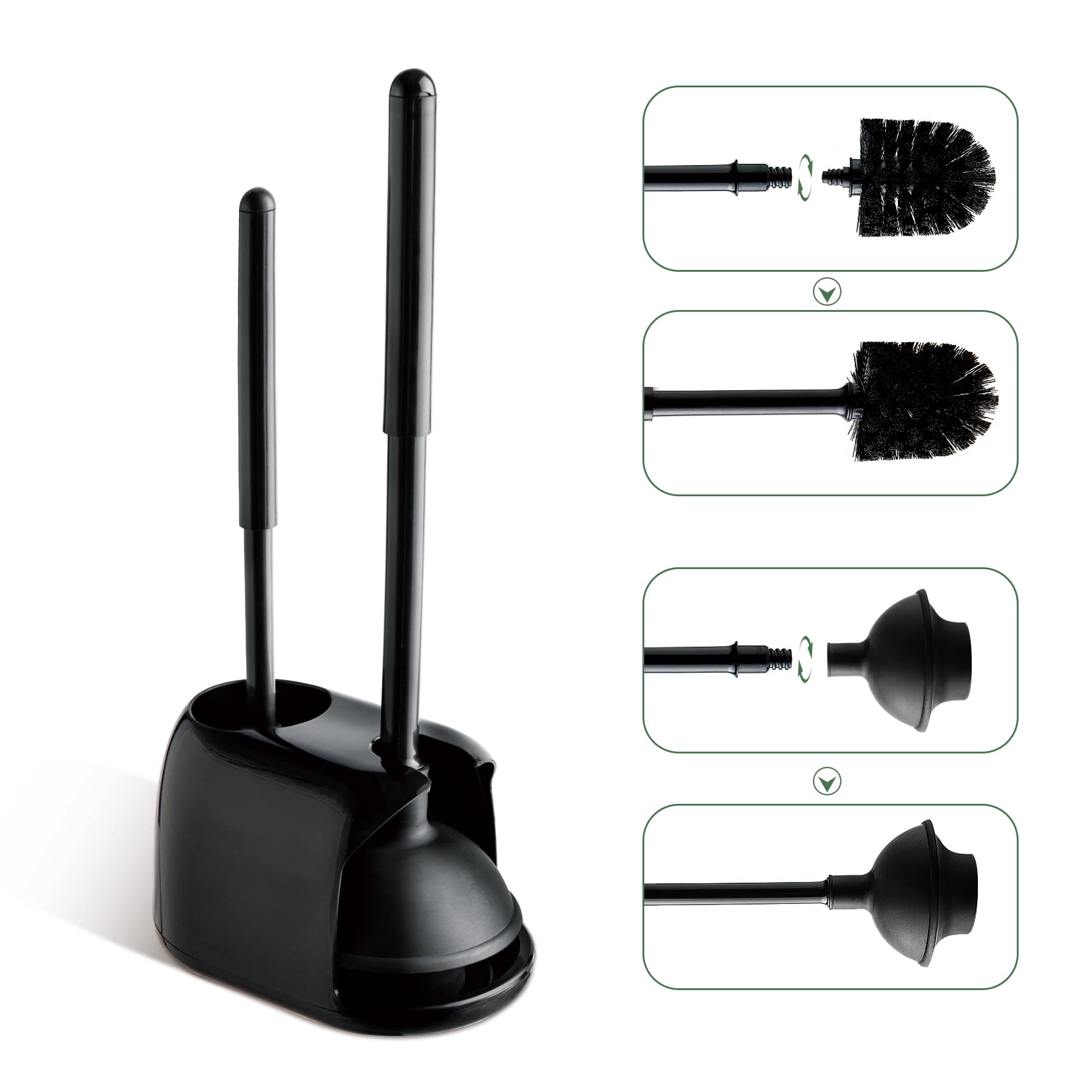 Eyliden Toilet Plunger and Brush, 2 in 1 Toilet Bowl Brush Plunger Set with Holder, Bathroom Cleaning Tools Combo with Caddy Stand (Black)