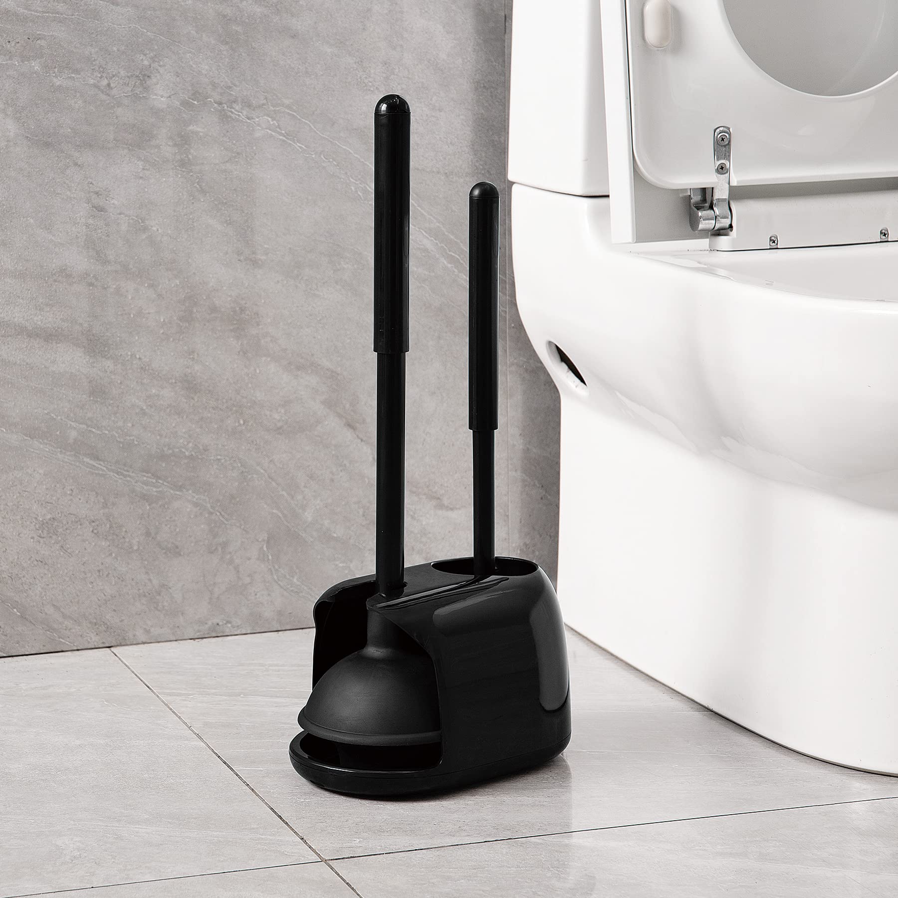 Eyliden Toilet Plunger and Brush, 2 in 1 Toilet Bowl Brush Plunger Set with Holder, Bathroom Cleaning Tools Combo with Caddy Stand (Black)